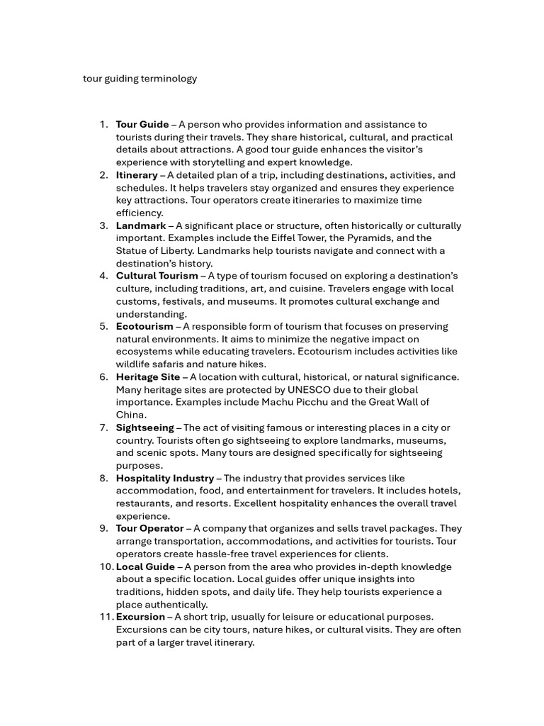 Tour Guiding Terminology | PDF | Tourism | Service Industries