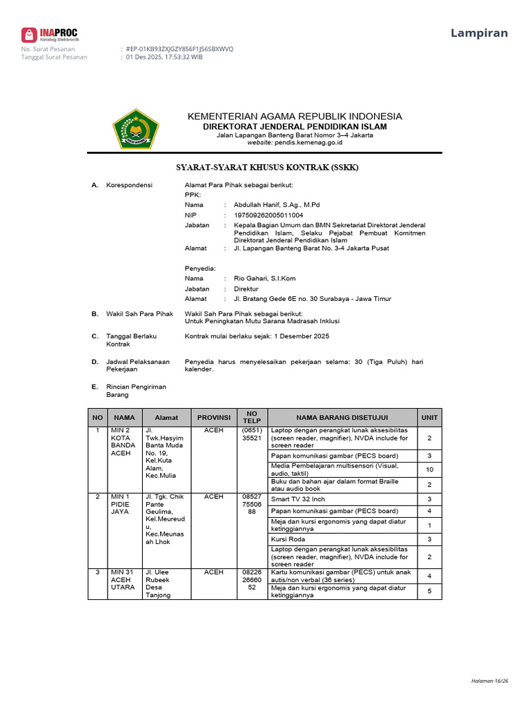 Data Sekolah Penerima Bantuan Barang Inklusi Kemenag 2025 | PDF