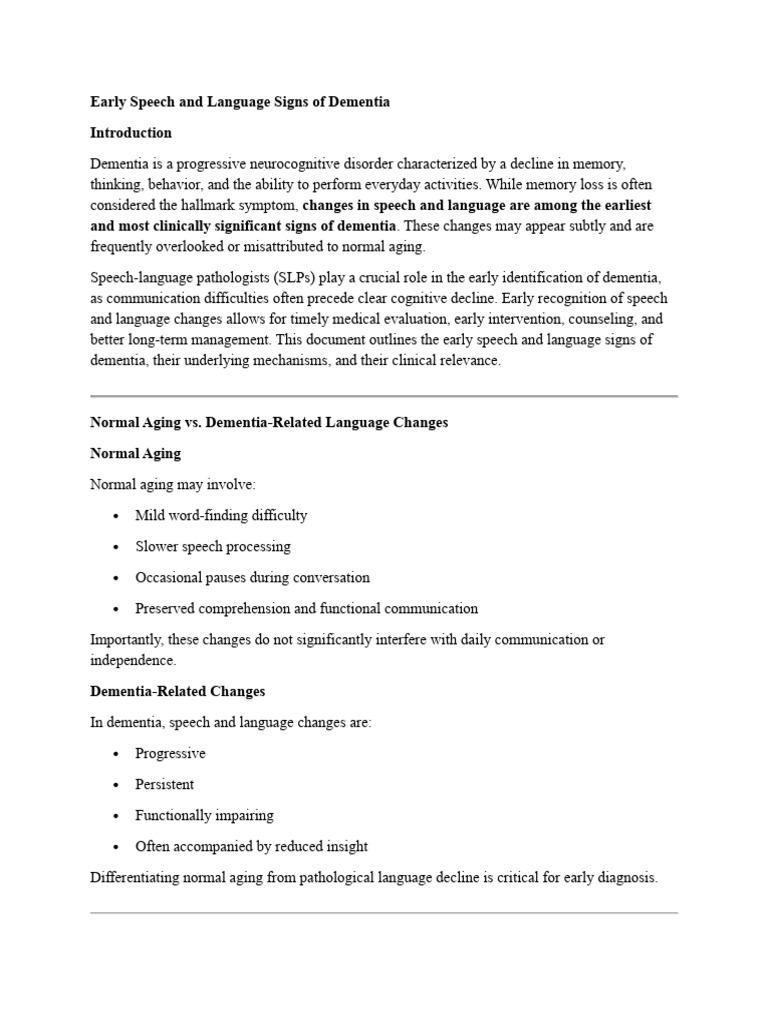 Early Speech and Language Signs of Dementia | PDF | Dementia | Speech