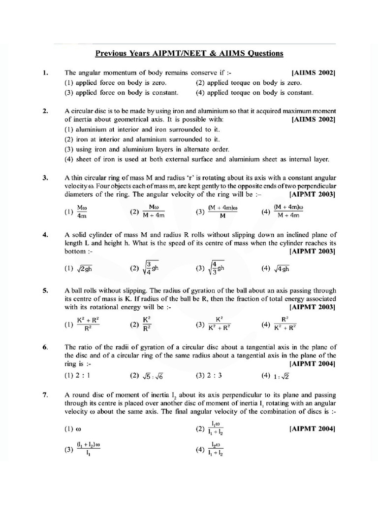 Rotation Motion - Practice Questions With Answers | PDF