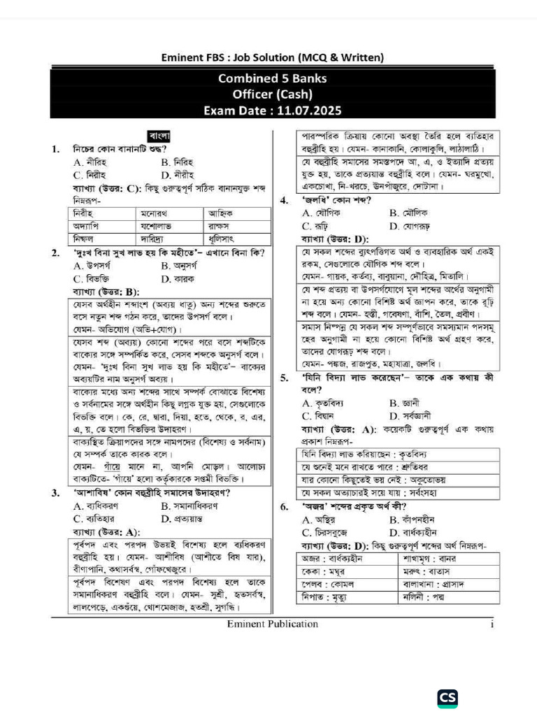 FBS Previous Bank Question Solution | PDF