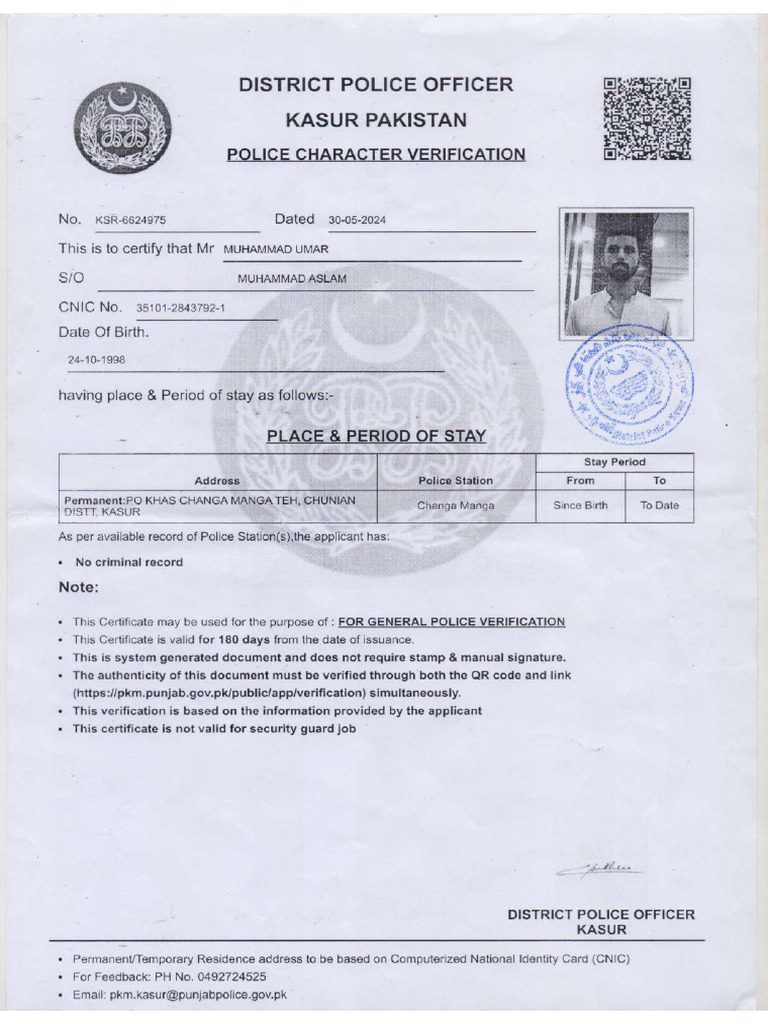 Muhammad Umar (Police Character Certificate) | PDF