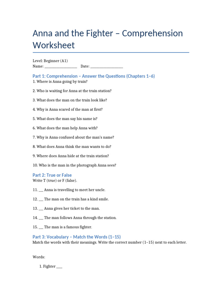 Anna and the Fighter: A1 Comprehension Worksheet | PDF