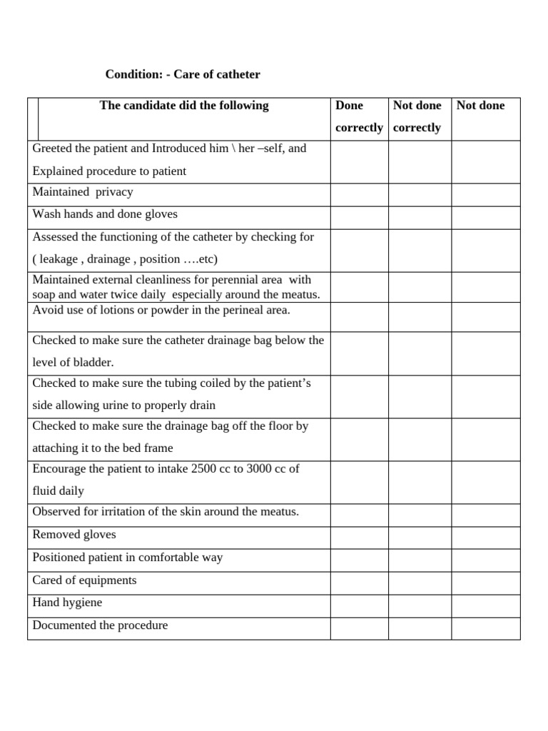 Catheter Care Procedure Checklist | PDF