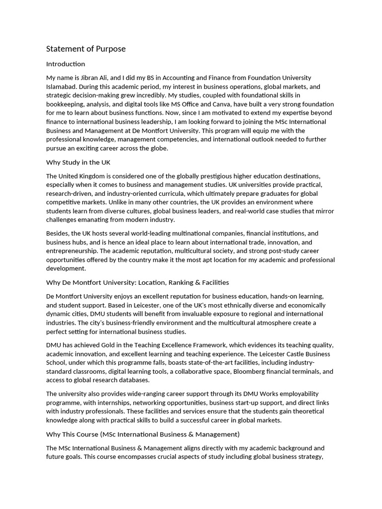 Statement of Purpose - DMU | PDF | Strategic Management | Knowledge