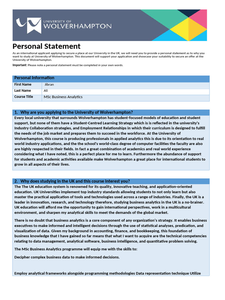 Personal Statement for MSc Business Analytics | PDF | Analytics ...