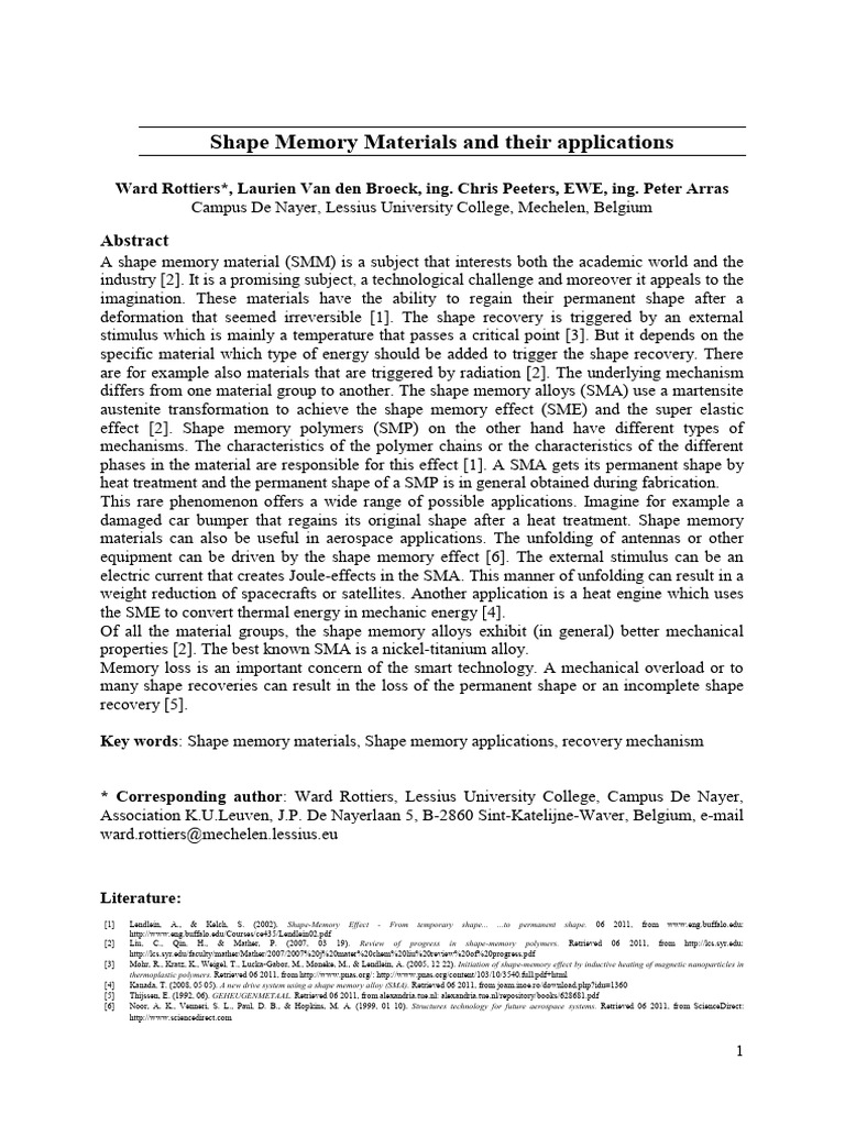 PAPER SMM Def Rottiers VDB Peeters Arras | PDF | Shape Memory Alloy ...
