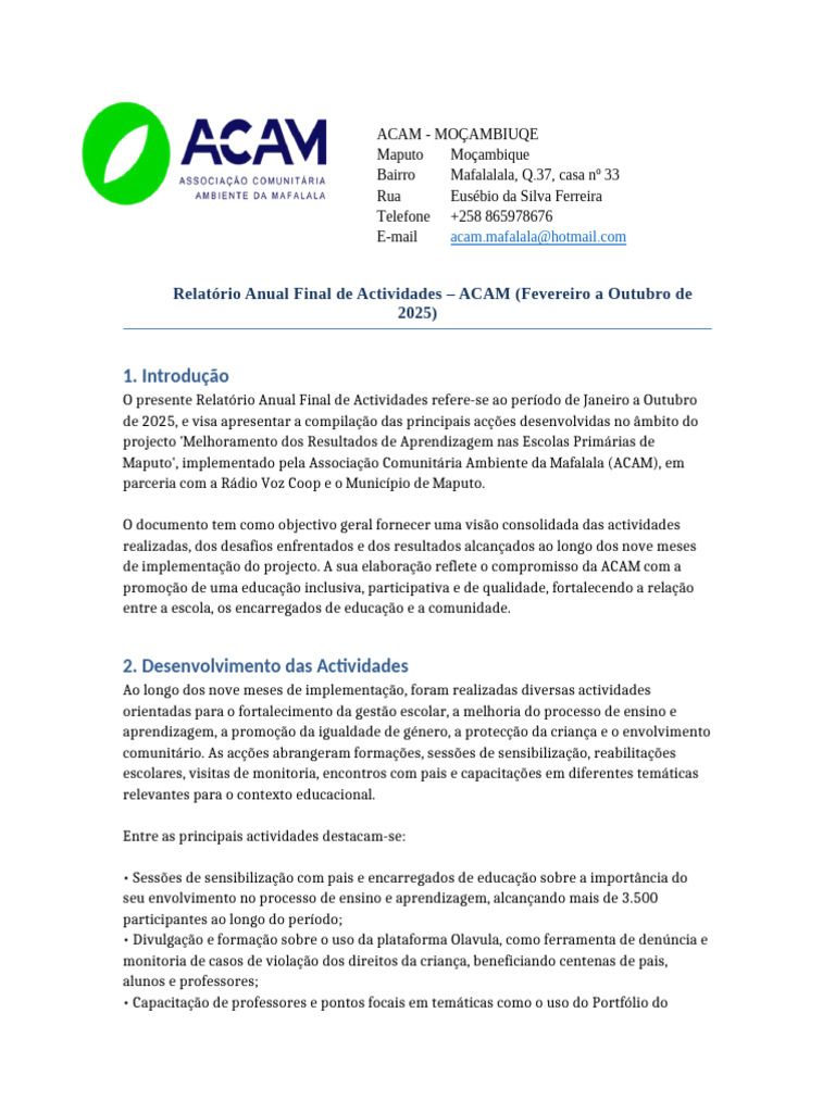Relatório de Atividades da ACAM 2025 | PDF | Pedagogia | Inclusão ...