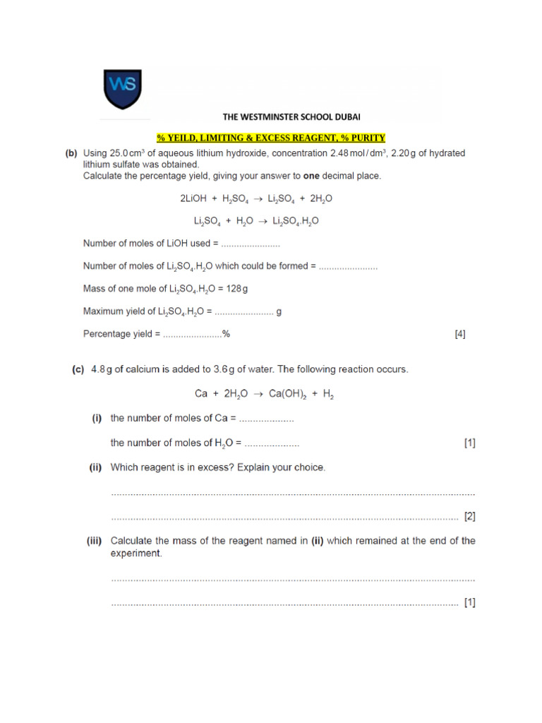 Percentage Yeild and Limiting Reagent TAWS | PDF