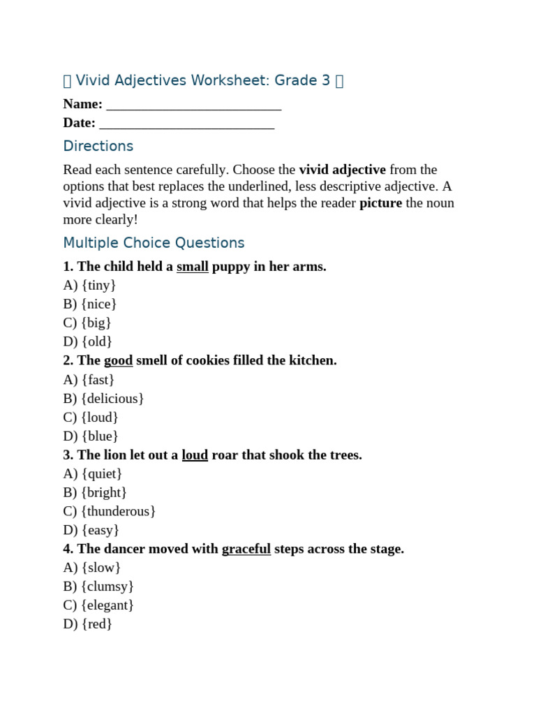 Vivid Adjectives Worksheet for Grade 3 | PDF
