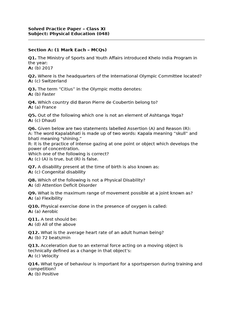 Class XI Physical Education Practice Paper | PDF | Physical Fitness ...