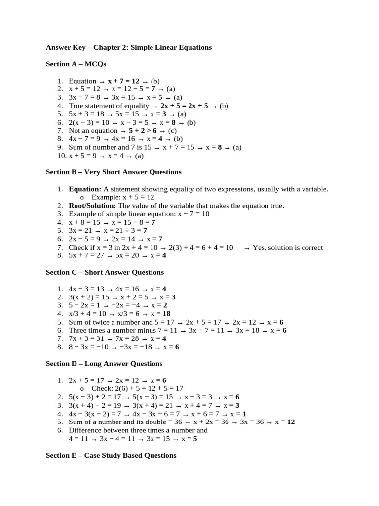 Answer Key Chapter 2 - Simple Linear Equations | PDF | Equations ...