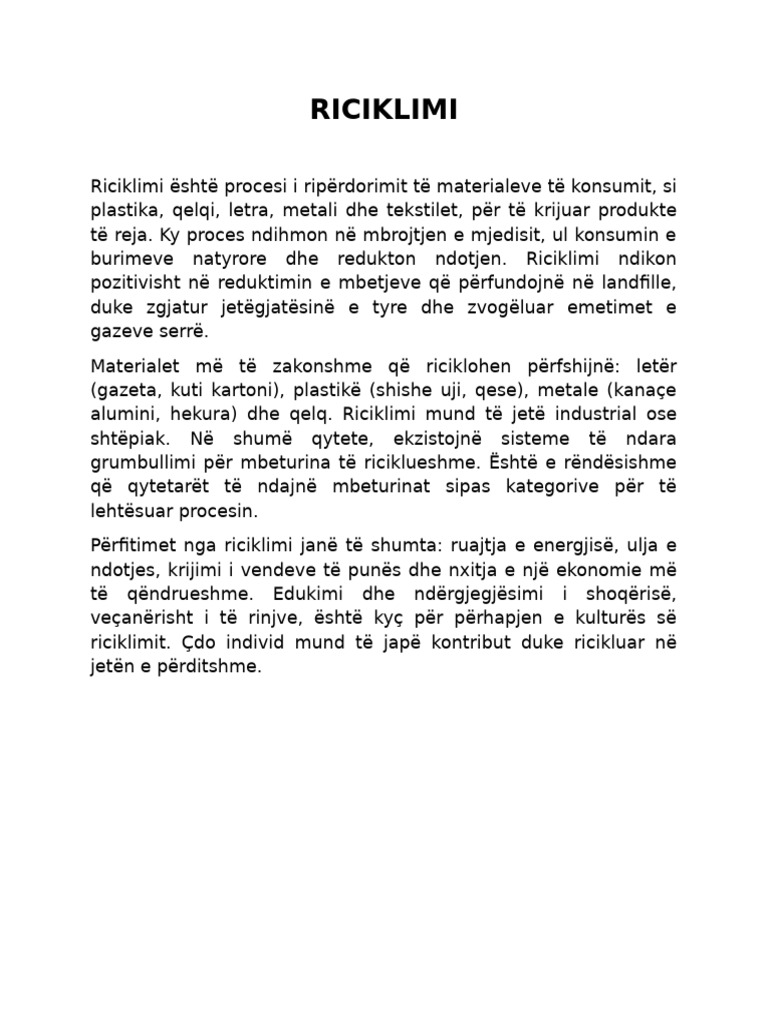 RICIKLIMI Dhe Pastrimi | PDF