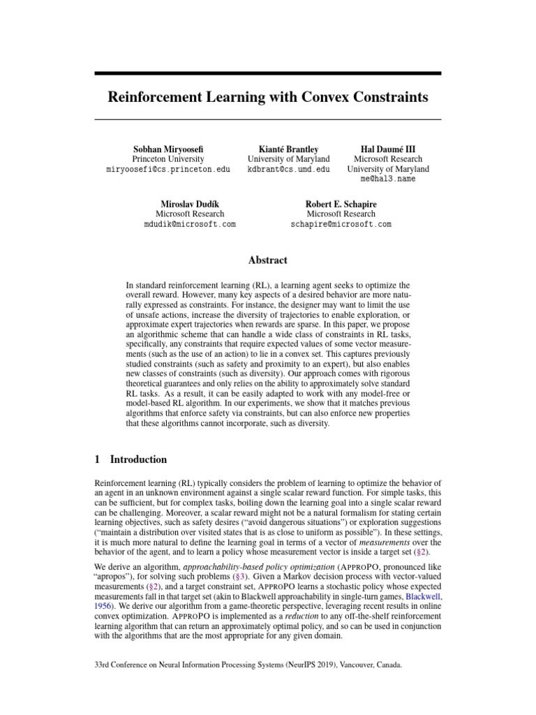 NeurIPS 2019 Reinforcement Learning With Convex Constraints Paper | PDF ...