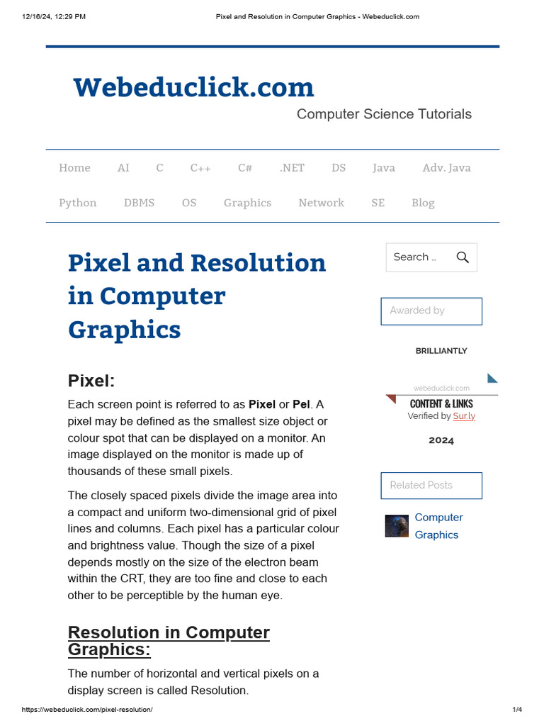 Pixel and Resolution in Computer Graphics - Webeduclick.com | PDF ...