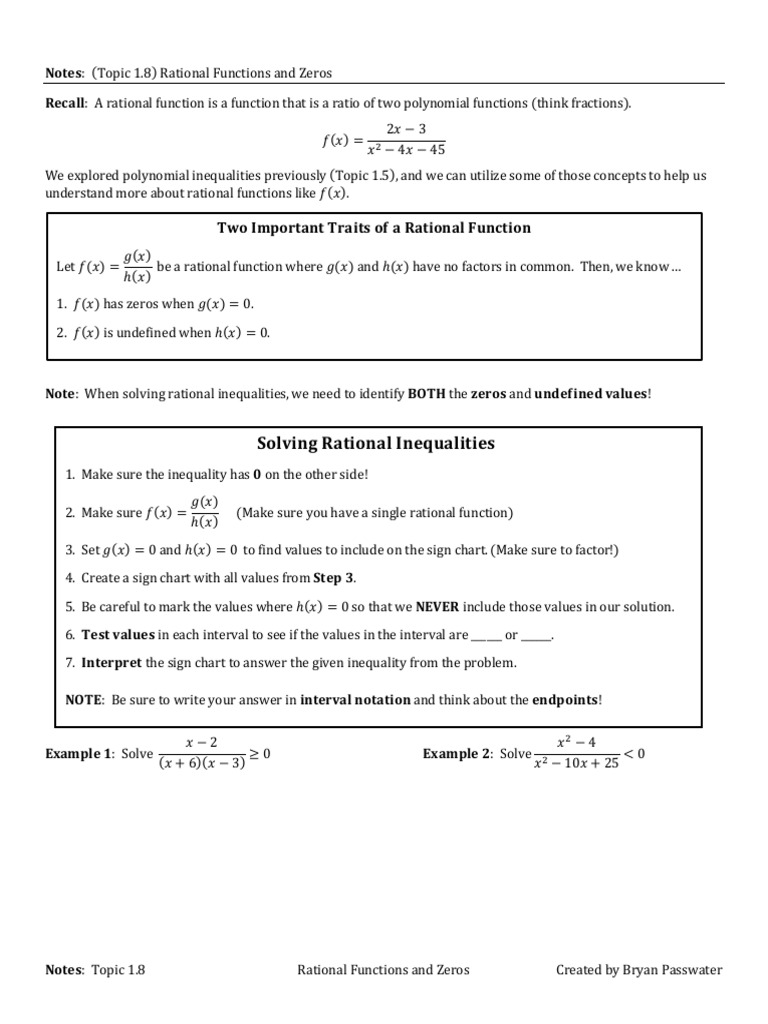 APPC 1.8 Notes Rational Functions and Zeros | PDF | Function ...