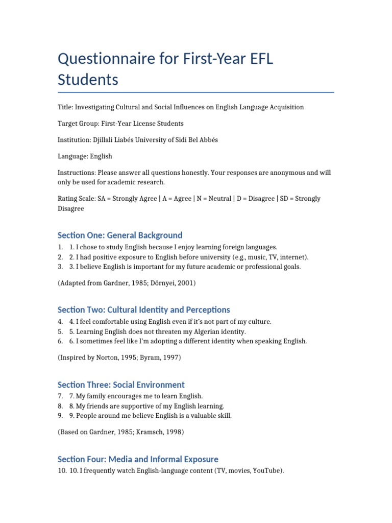EFL Student Questionnaire on Culture | PDF | Second Language ...