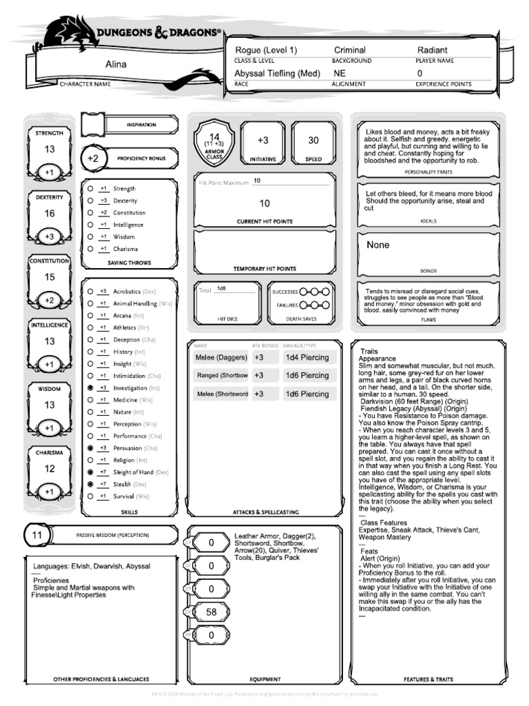 Alina Character Sheet (Finished Maybe) | PDF