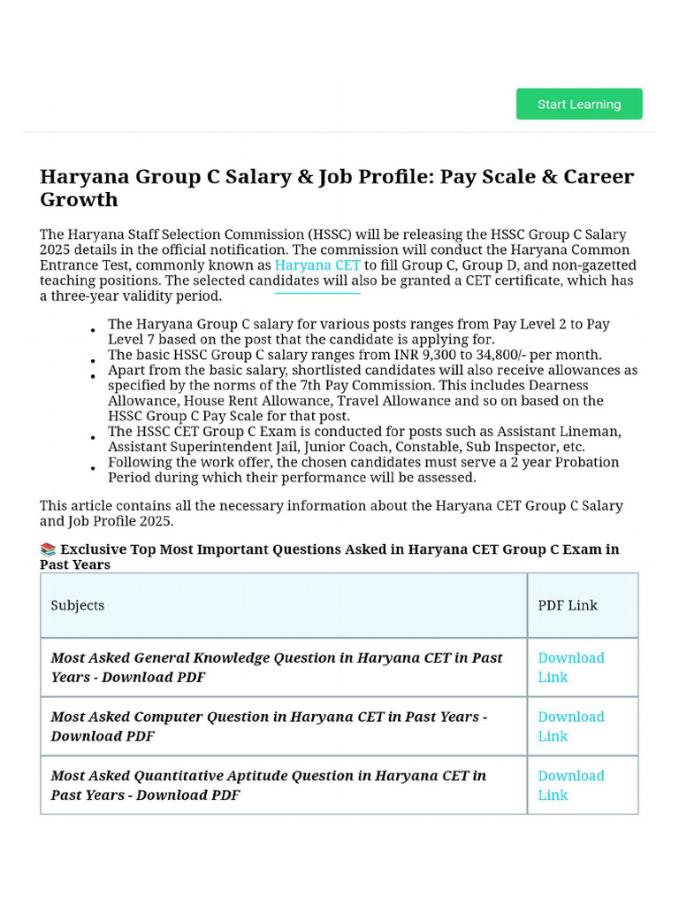 Haryana Group C Salary & Job Profile - Pay Scale & Career Growth | PDF