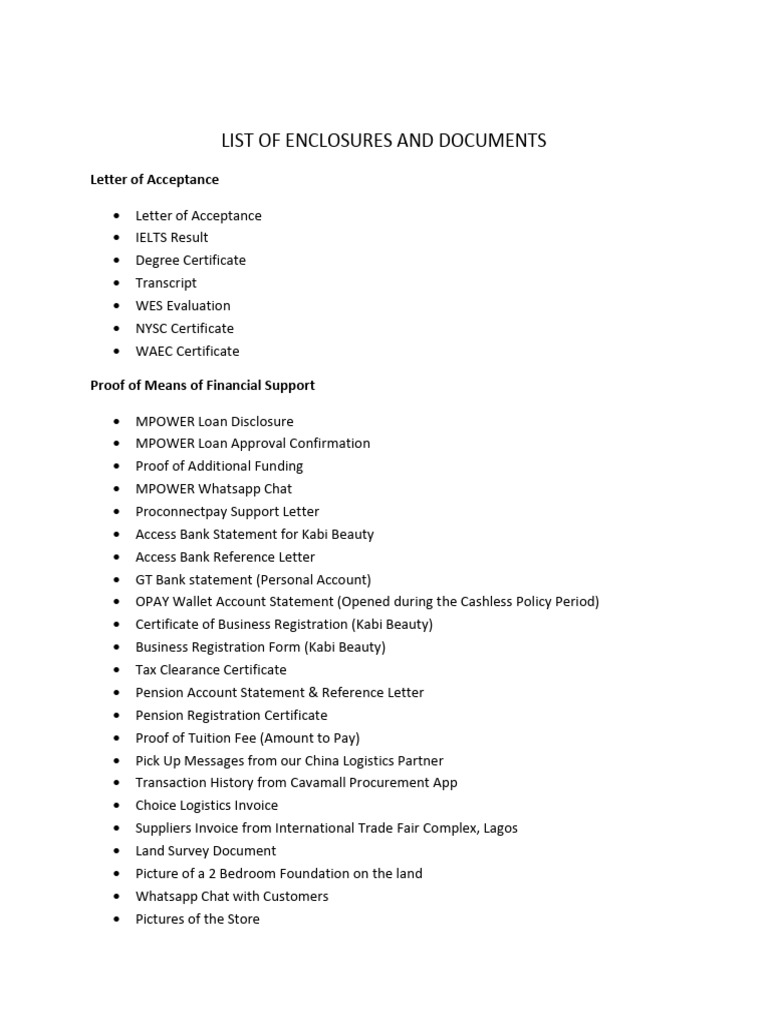 Comprehensive Document Enclosure List | PDF