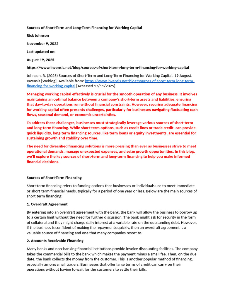 Sources of Short Term vs Long Term Johnson | PDF | Line Of Credit ...