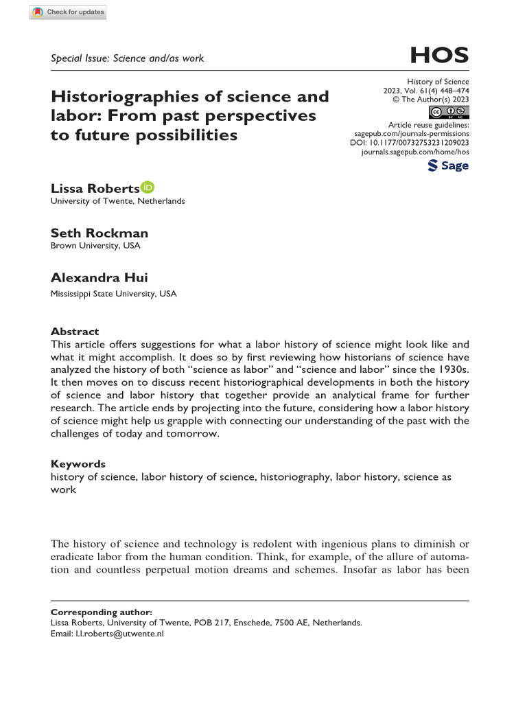 Historiographies of Science and Labor From Past Perspectives to Future ...