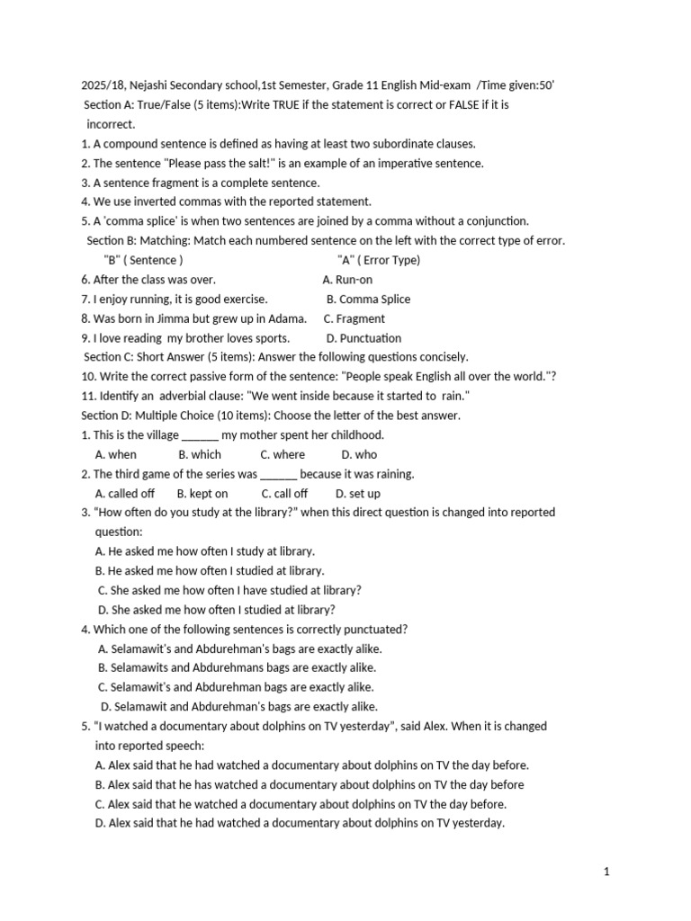 Grade 11 English Midterm Exam 2025 | PDF | Linguistics | Language Mechanics