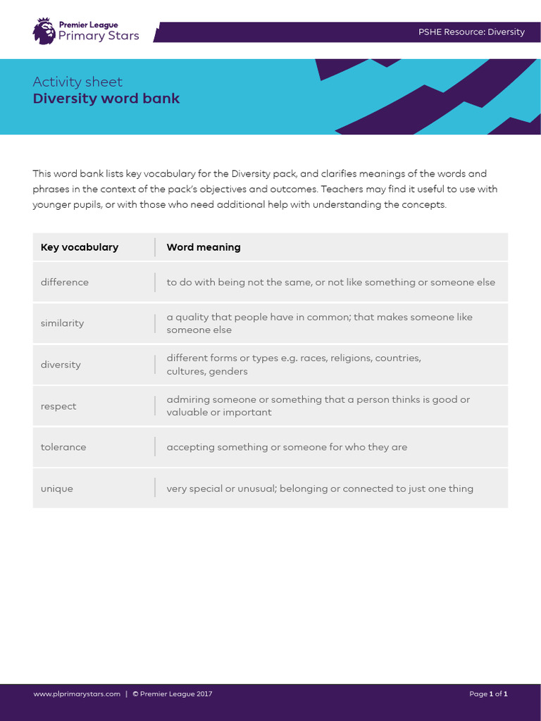 6 Diversity KS2 Activity Sheet Diversity Word Bank | PDF