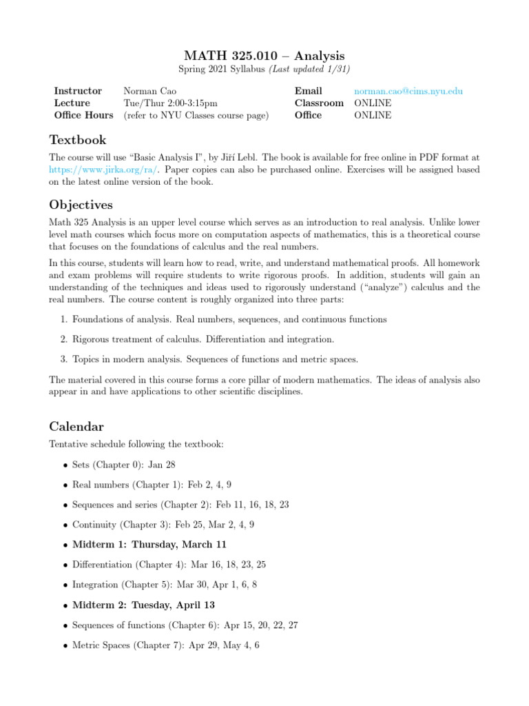 Math-Ua 325 Spring 2021 | PDF | Mathematical Analysis | Mathematics