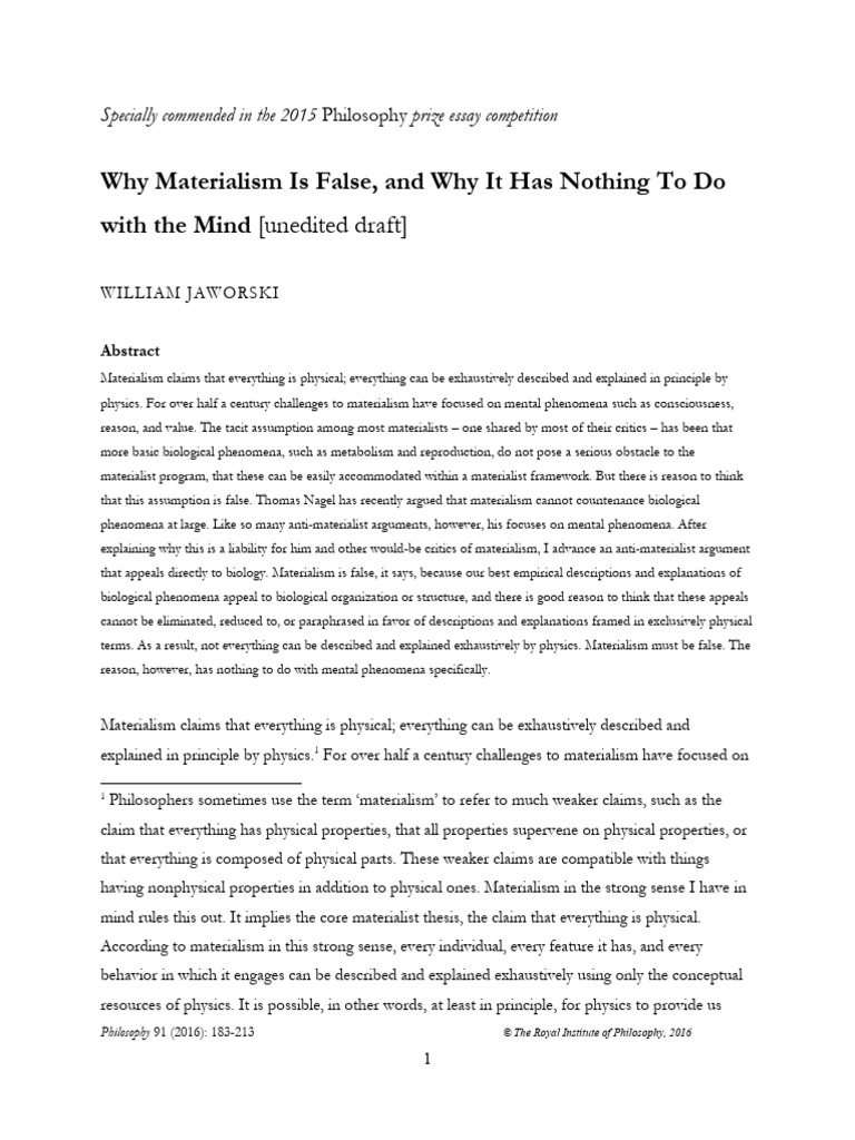 Anti-Materialism: A Biological Argument | PDF | Materialism | Reason