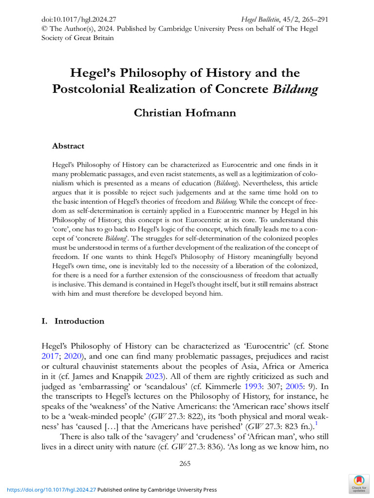 Hegel's Philosophy of History and The Postcolonial Realization of ...