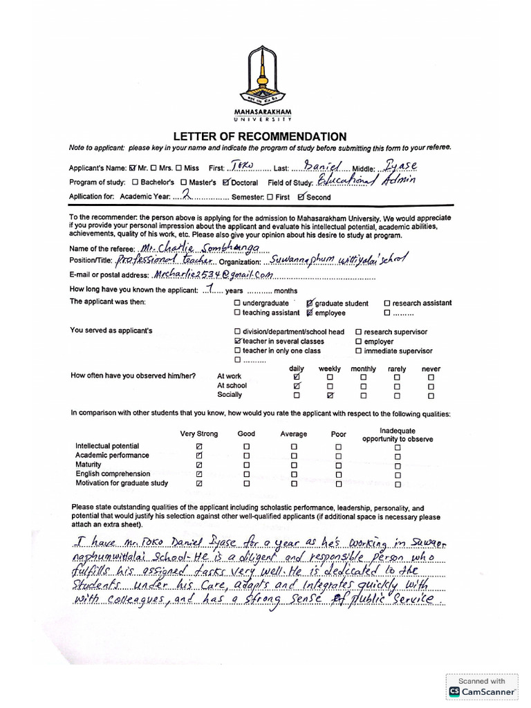 Reference Letter Sarakham University | PDF