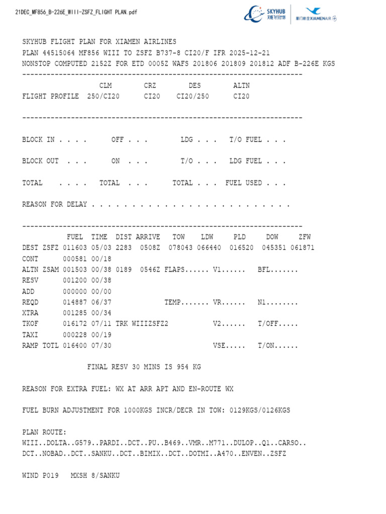 21dec Mf856 B-226e Wiii-zsfz Flight Plan | PDF