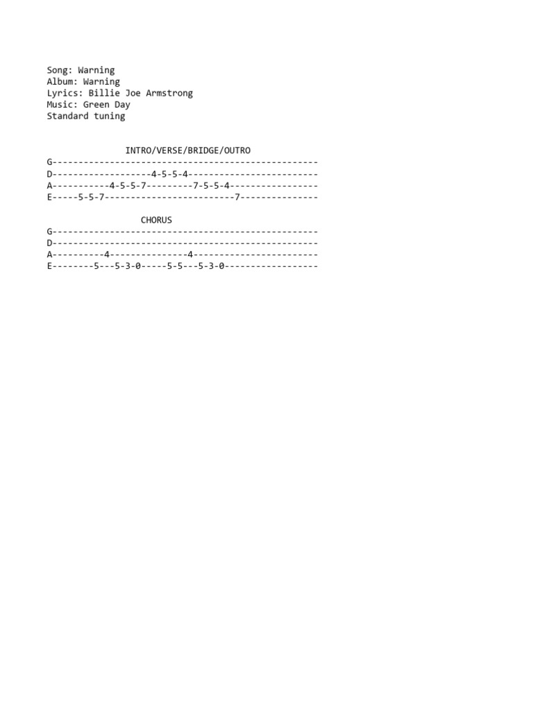 Green Day "Warning" Song Lyrics and Tabs | PDF