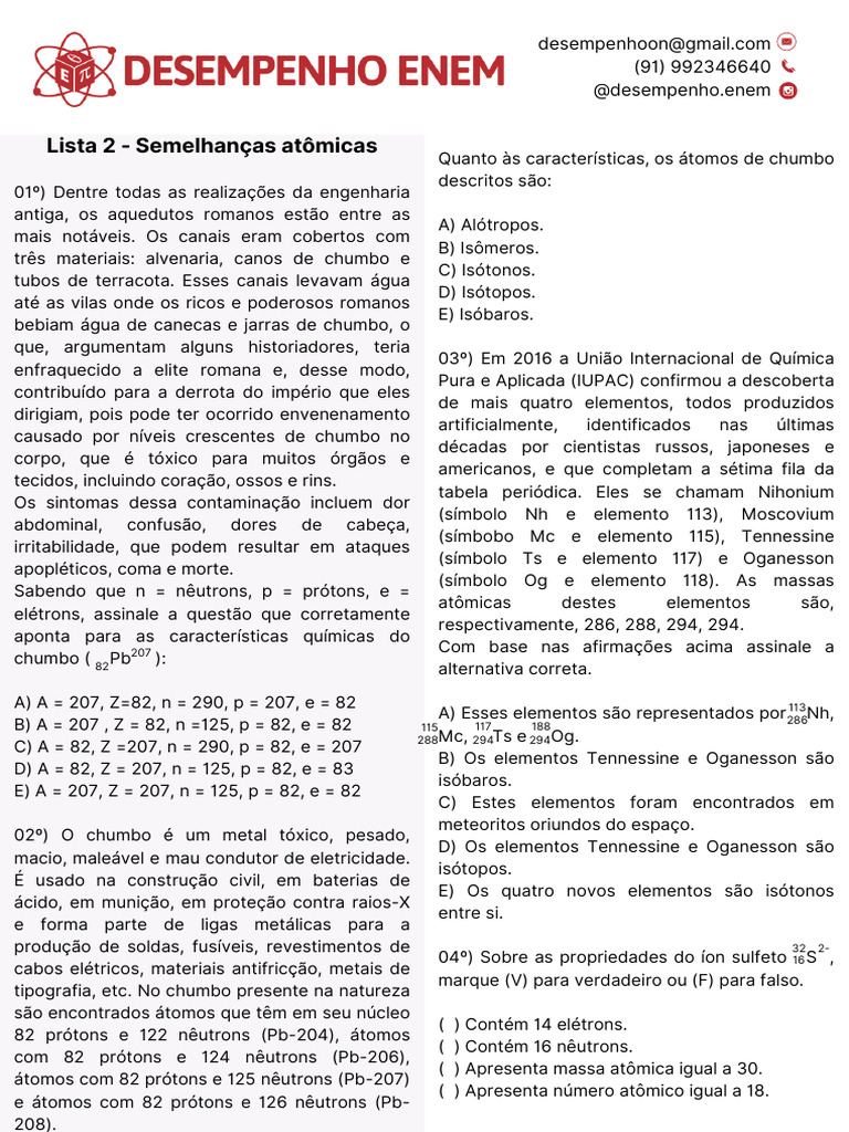 Lista 2 - Semelhanças Atômicas_20251217_123458_0000 | PDF | Próton ...