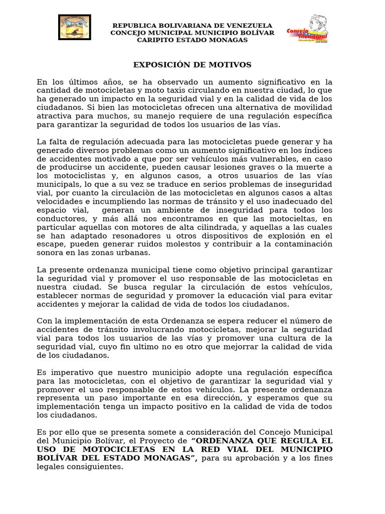 PROYECTO ORDENANZA SOBRE LA CIRCULACION DE MOTOCICLETAS EN LA RED VIAL ...