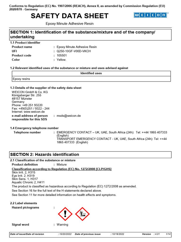 Epoxy Minute Adhesive Resin SDS | PDF | Firefighter | Waste