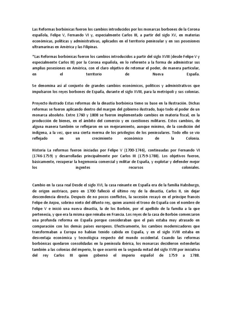 Las Reformas Borbónicas Fueron Los Cambios Introducidos Por Los ...