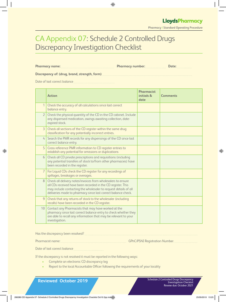 Schedule 2 Drug Discrepancy Checklist | PDF | Pharmacy | Medicinal ...
