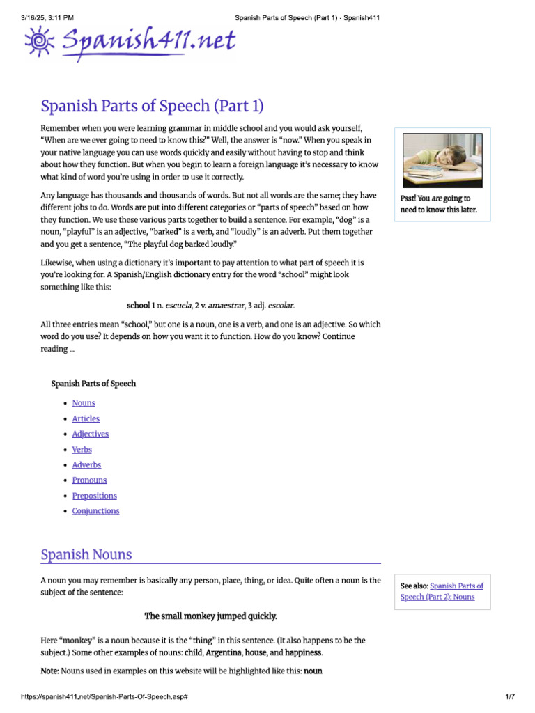 Spanish Parts of Speech (Part 1) | PDF