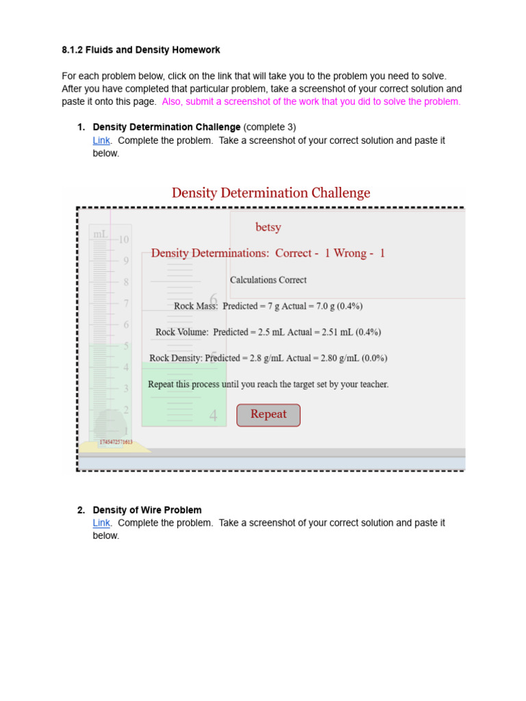8.1.2 Fluids and Density Homework | PDF