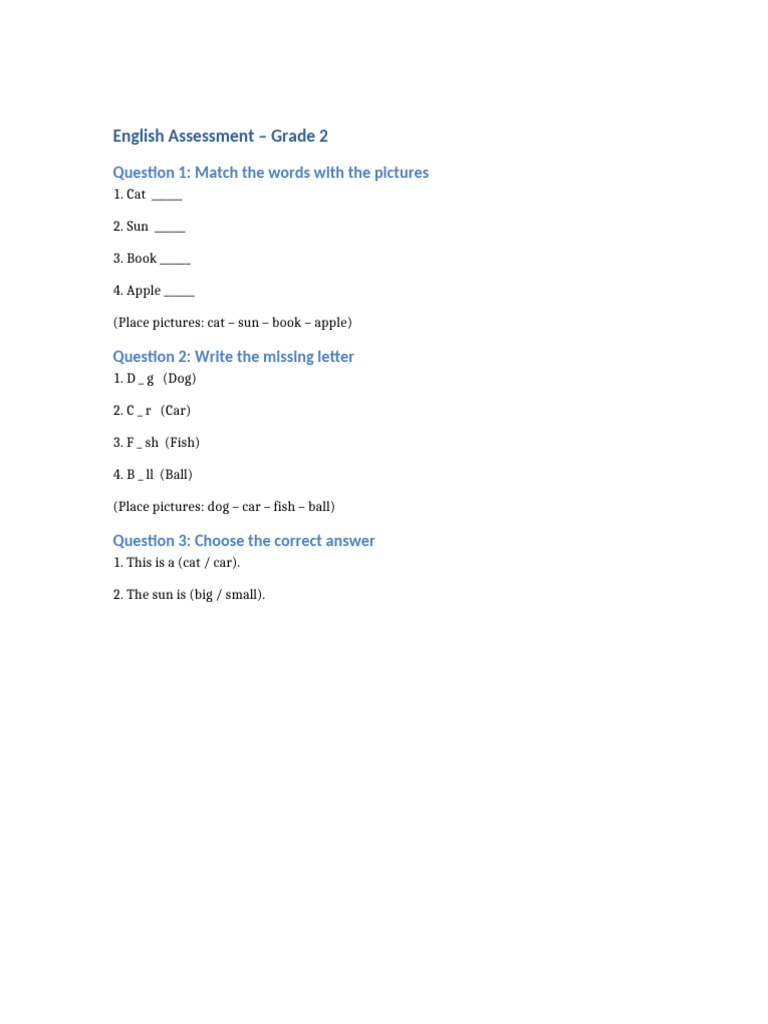 Grade 2 English Assessment Test | PDF