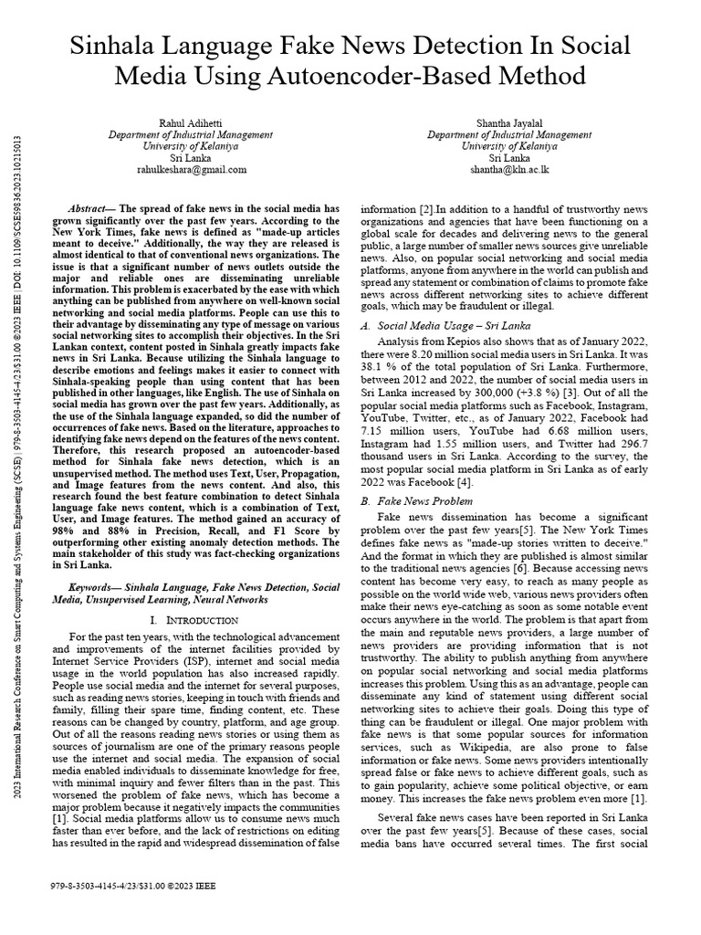 Sinhala Language Fake News Detection in Social Media Using Autoencoder ...
