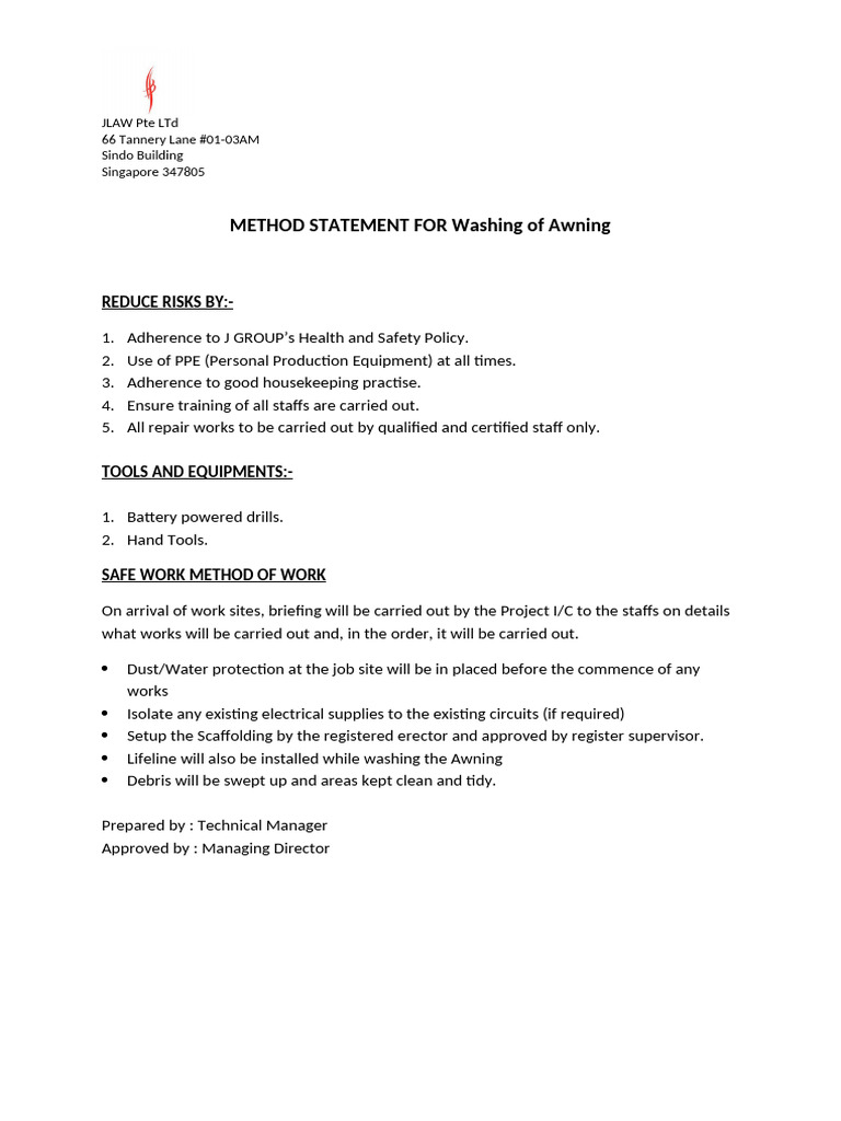 Method Statement for Awning Washing | PDF