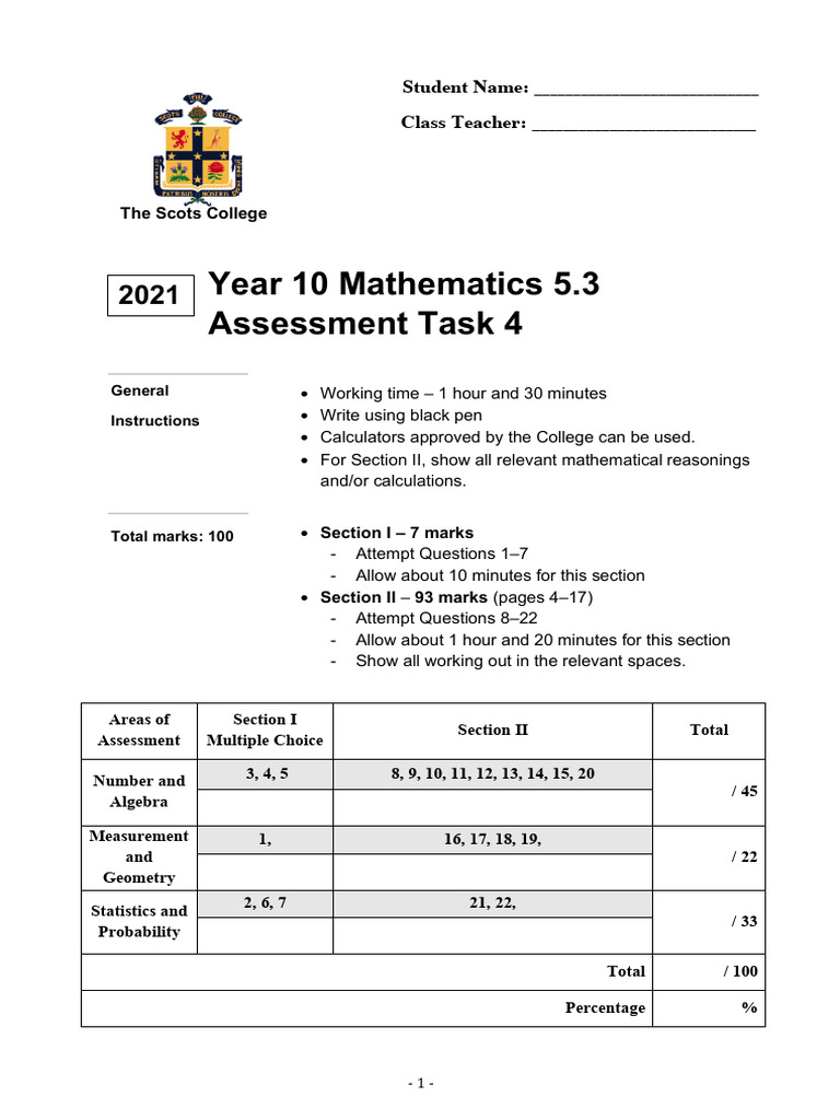 Scots 2021 Year 10 Maths Yearly | PDF | Asymptote | Mathematics