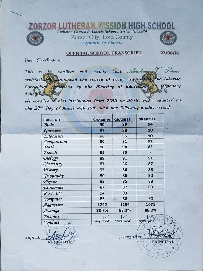 Grade (10th, 11th, 12th) Official Transcript | PDF