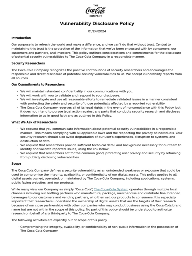 Coca-Cola Vulnerability Disclosure Policy | PDF | Computer Security ...