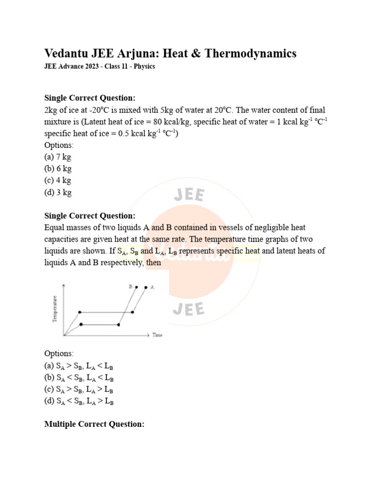 JEE Physics: Heat & Thermodynamics Questions | PDF | Gases | Heat