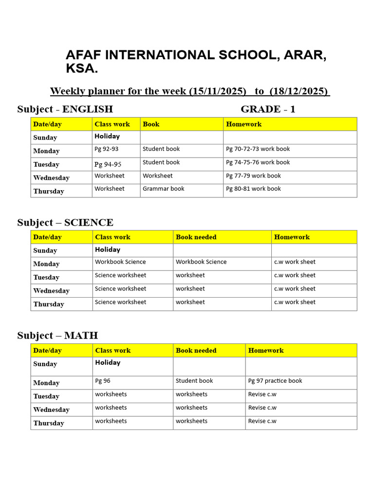 Weekly Planner for Grade 1 - AFAF School | PDF | Worksheet