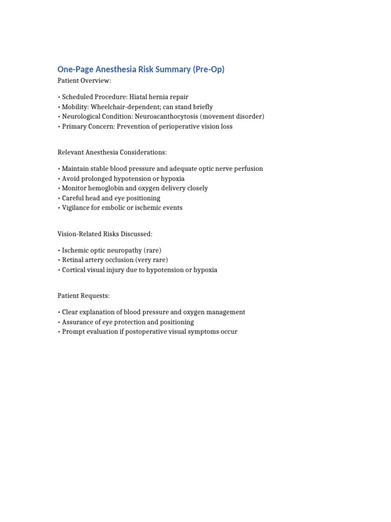 One Page Anesthesia Risk Summary | PDF